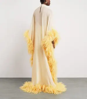 TALLER MARMO Silk Crepe Chiffon Kaftan Maxi Dress With Ostrich Feather Trim