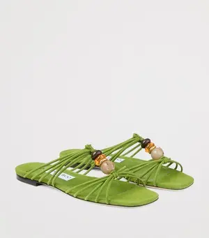 JIMMY CHOO Lova Suede Flat Sandals With Beaded Straps - Green