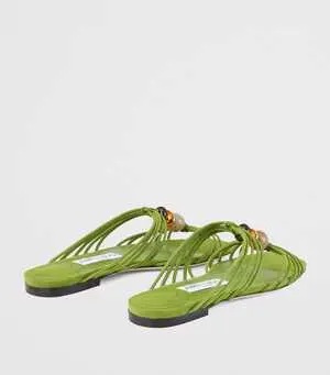 JIMMY CHOO Lova Suede Flat Sandals With Beaded Straps - Green