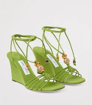 JIMMY CHOO Lova 85 Suede Wedge Sandals With Beaded Detailing - Green