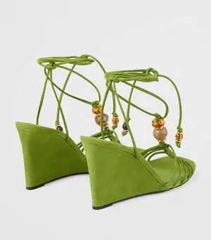 JIMMY CHOO Lova 85 Suede Wedge Sandals With Beaded Detailing - Green