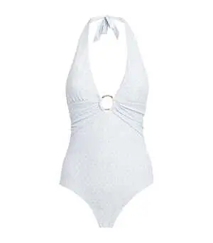 Heidi Klein Halterneck Elba Swimsuit With Foliate Motif - Blue