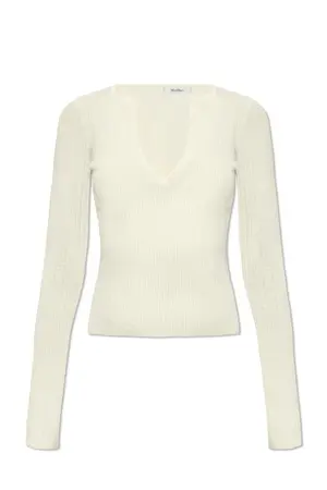 Max Mara V-neck Ribbed-knit Long-sleeve Top With Stripe Detail