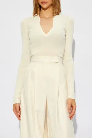 Max Mara V-neck Ribbed-knit Long-sleeve Top With Stripe Detail
