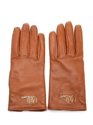 Chloé Iconic Leather Gloves With Gold Logo - Brown