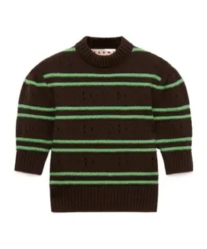 Marni Short-sleeved Openwork Knit Sweater With Horizontal Stripes - Brown