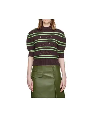 Marni Short-sleeved Openwork Knit Sweater With Horizontal Stripes - Brown