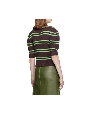 Marni Short-sleeved Openwork Knit Sweater With Horizontal Stripes - Brown