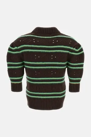 Marni Short-sleeved Openwork Knit Sweater With Horizontal Stripes - Brown
