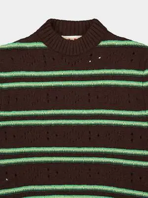 Marni Short-sleeved Openwork Knit Sweater With Horizontal Stripes - Brown