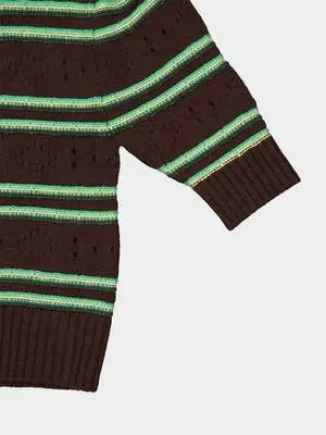 Marni Short-sleeved Openwork Knit Sweater With Horizontal Stripes - Brown
