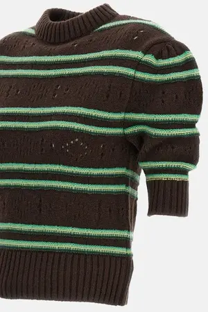 Marni Short-sleeved Openwork Knit Sweater With Horizontal Stripes - Brown