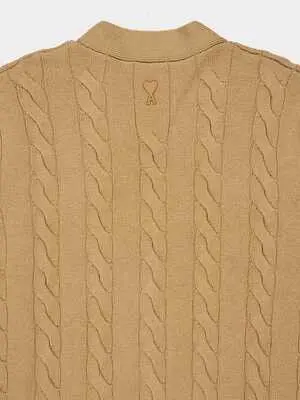 AMI Paris Camel Cable Stitch V-neck Cardigan