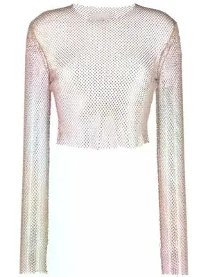 GENNY Rhinestone Mesh Cropped Blouse - Neutrals