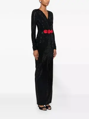 MIRON V-neck Floral Appliqué Maxi Dress