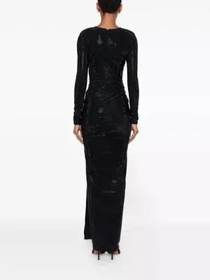 MIRON V-neck Floral Appliqué Maxi Dress