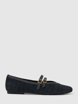 REISS Eliza Suede Croc-embossed Ballet Flats With Buckled Straps - Navy