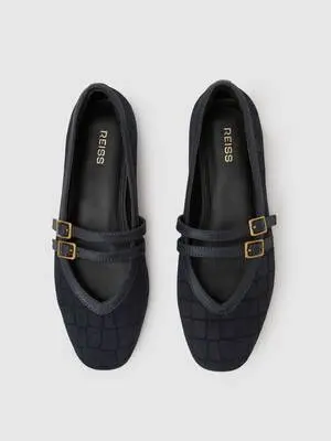 REISS Eliza Suede Croc-embossed Ballet Flats With Buckled Straps - Navy