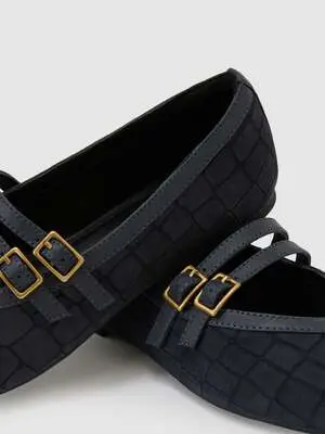 REISS Eliza Suede Croc-embossed Ballet Flats With Buckled Straps - Navy