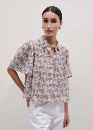 ME+EM Floral Print Pintucked Cotton Blouse