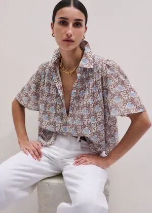 ME+EM Floral Print Pintucked Cotton Blouse