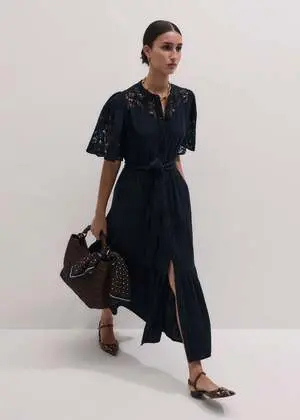 ME+EM Cheesecloth Embroidered Maxi Dress With Belt - Navy