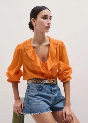 ME+EM Cotton Voile Ruffle Blouse - Orange