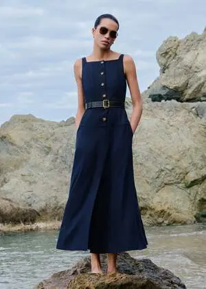 ME+EM Crease-less Linen Button-front Maxi Dress With Belt - Navy