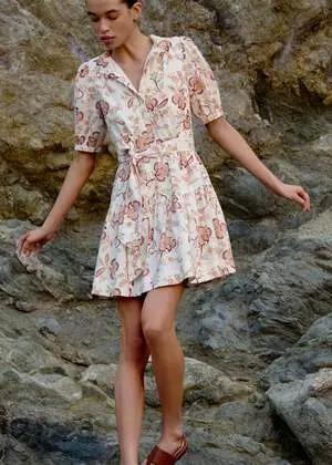 ME+EM Ornate Floral Paisley Print Creaseless Linen Short Dress - Light Cream/multi
