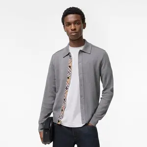 Burberry Check Trim Wool Cardigan - Grey