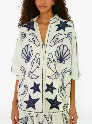 Farm Rio Embroidered Linen Shirt - White