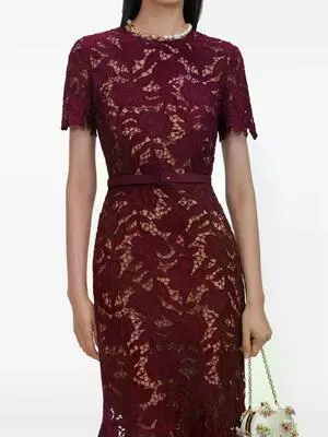 SELF-PORTRAIT Burgundy Lace Midi Dress - Red