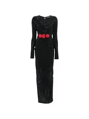 MIRON V-neck Maxi Dress With Floral Appliqu - Black