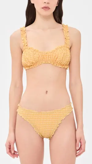 Simkhai Maelie Seersucker Ruched Bikini Bottoms - Mango Multi