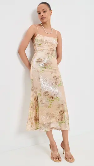 Bardot Adoni Sequin Mesh Midi Dress - Beige Fl