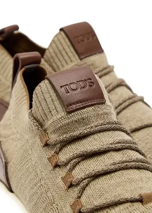 TOD'S Calzino Knit Lace-up Sneakers With Leather Accents - Tan