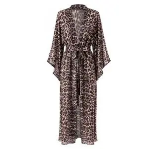 Loveist Store Leopard Print Silky Satin Kimono - Brown