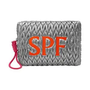 LILLY LOVES Puffy Quilted Cosmetic Bag With Embroidered Monogram - Silver