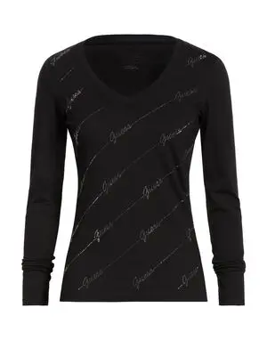 Guess Long Sleeve V-neck T-shirt With Crystal Appliqués