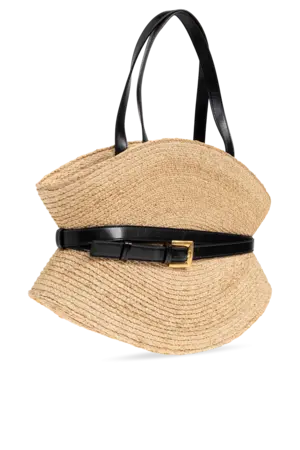 Balmain Shuffle Medium Raffia Shopper Bag With Leather Accents And Gold Buckle - Beige
