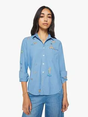 MOTHER The Foxy Boxy "hands Up" Embroidered Cotton Shirt - Blue