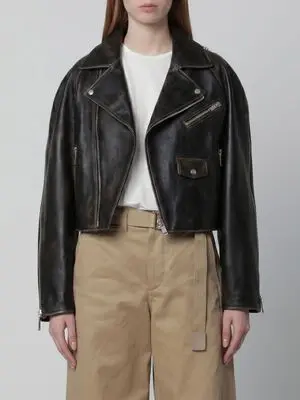 HALFBOY Cropped Leather Biker Jacket - Brown