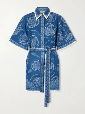 ALEMAIS Lucky Belted Printed Linen Mini Dress - Blue