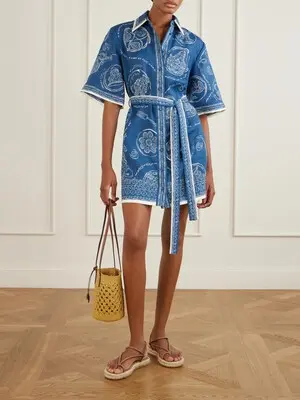 ALEMAIS Lucky Belted Printed Linen Mini Dress - Blue