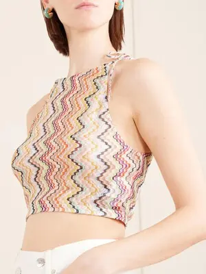 Missoni Cropped Gathered Striped Mesh Halterneck Top