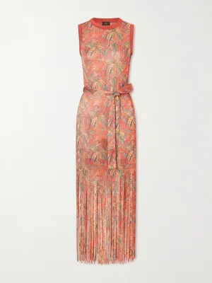 Etro Belted Fringed Jacquard-knit Midi Dress - Red