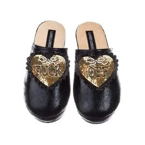 LAINES LONDON Embroidered Heart Slippers - Black