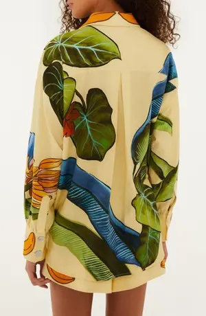 Farm Rio Botanical Fruit Print Linen Blend Button-up Shirt - Yellow