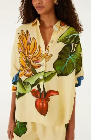 Farm Rio Botanical Fruit Print Linen Blend Button-up Shirt - Yellow