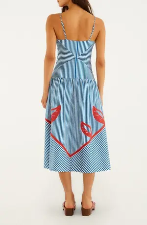 Farm Rio Sky Stripes Floral Embroidered Midi Dress